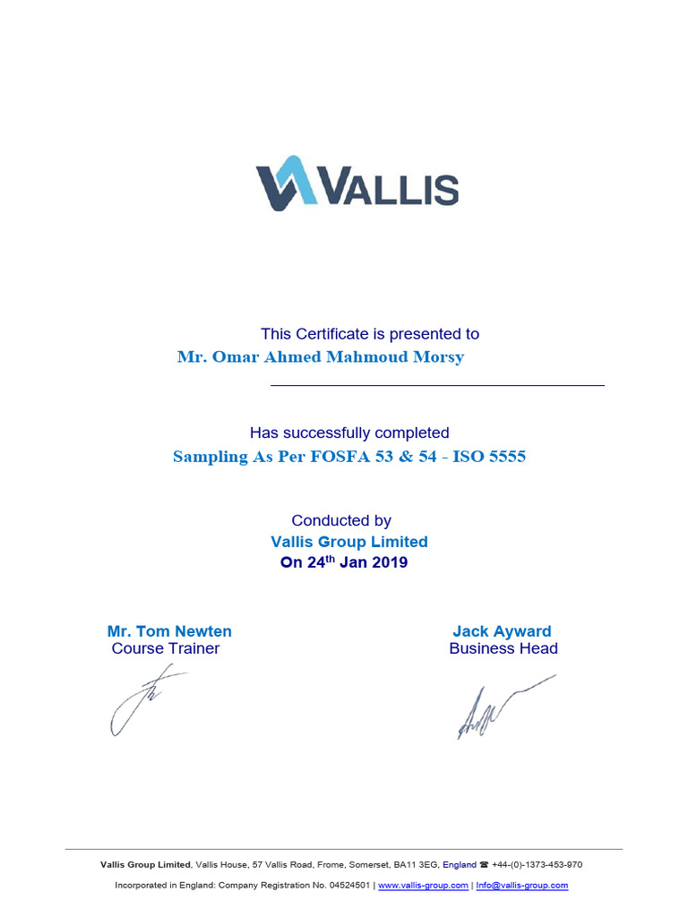 FOSFA 53 & 54 Sampling Certificate | PDF