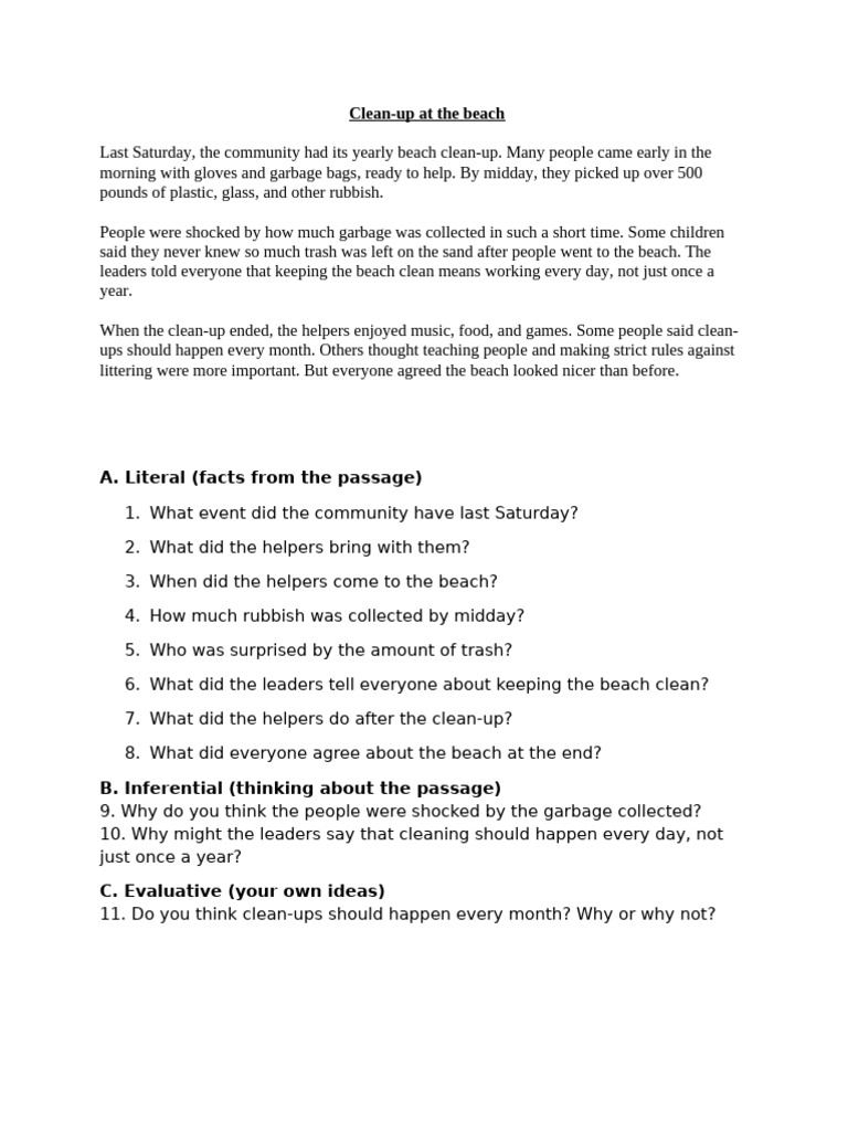 Cleanup at The Beach Comprehension (Form 1) | PDF