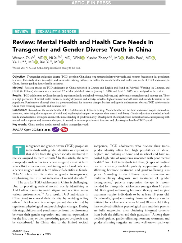 Mental Health Needs of TGD Youth in China | PDF | Self Harm | Transgender
