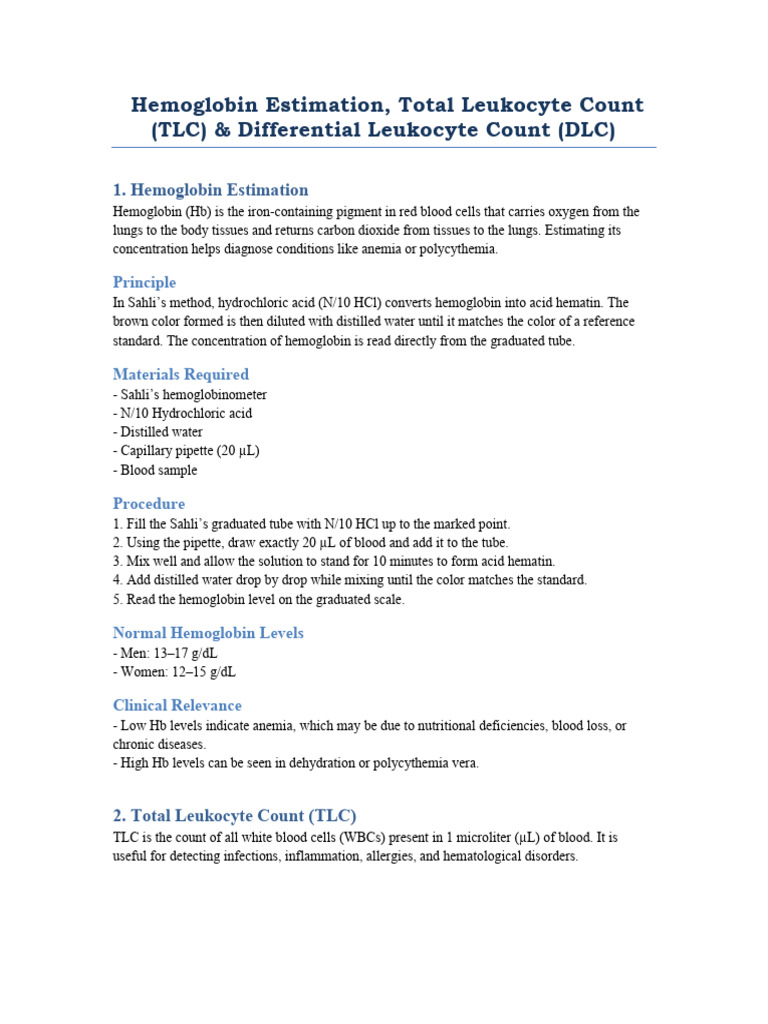 Hemoglobin TLC DLC Labwork | PDF | White Blood Cell | Hemoglobin