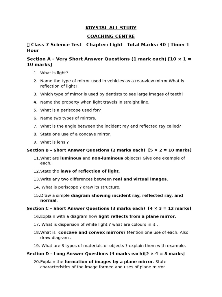 Class 7 Science Test: Light Concepts | PDF