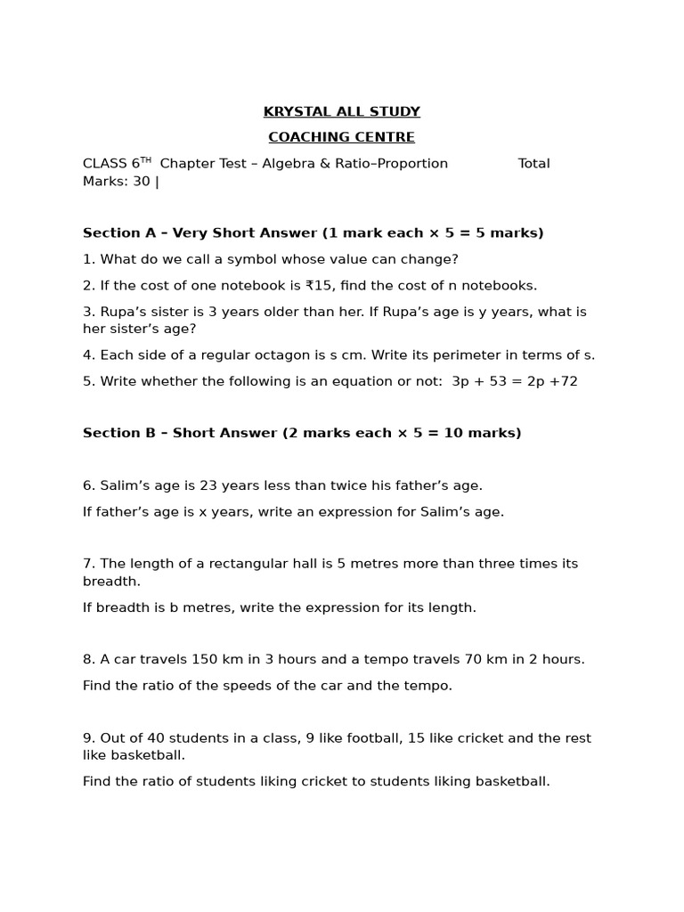 Class 6 Algebra & Ratio Test Guide | PDF