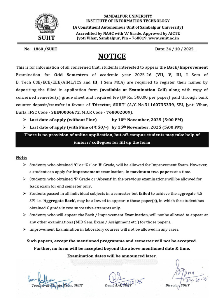SUIIT Back/Improvement Exam Notice 2025 | PDF | Educational Stages