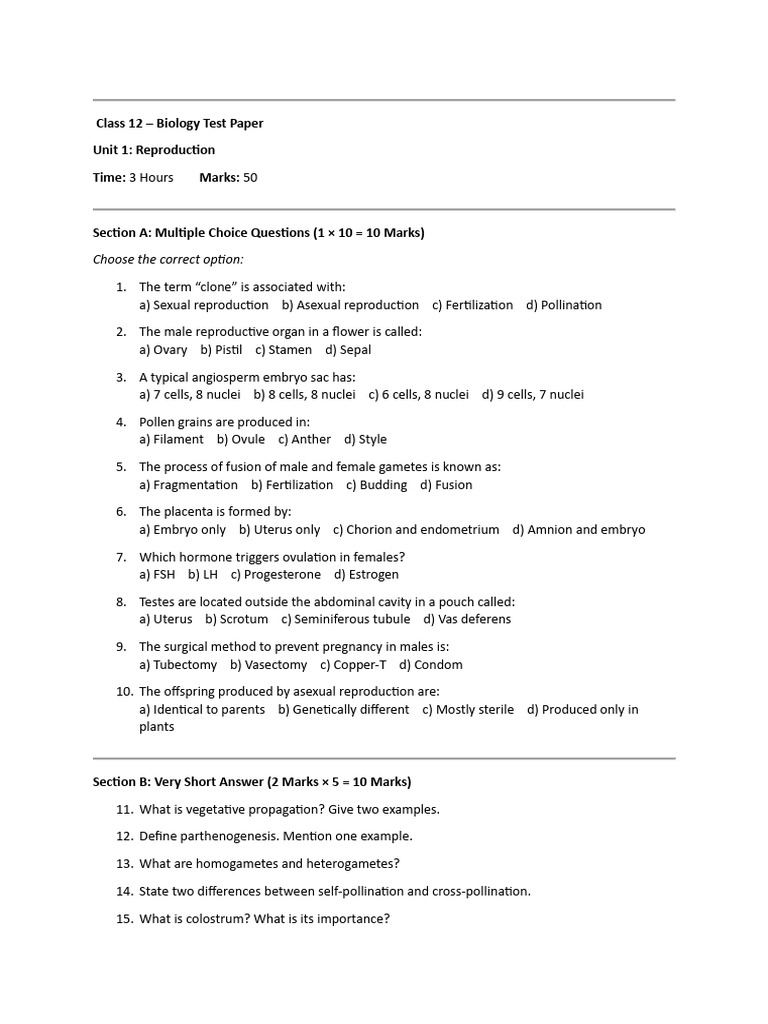 Class 12 Biology Reproduction Test Paper | PDF | Fertilisation | Sexual ...