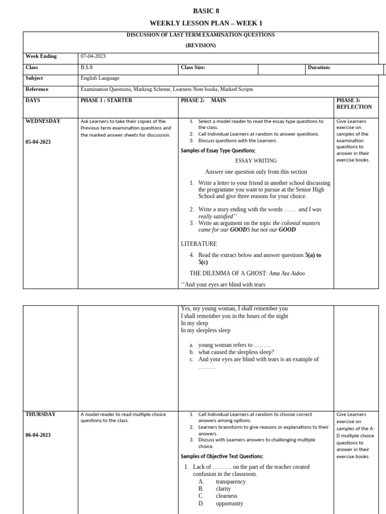 Week 1 English Language Lesson Plan | PDF | Multiple Choice | Essays
