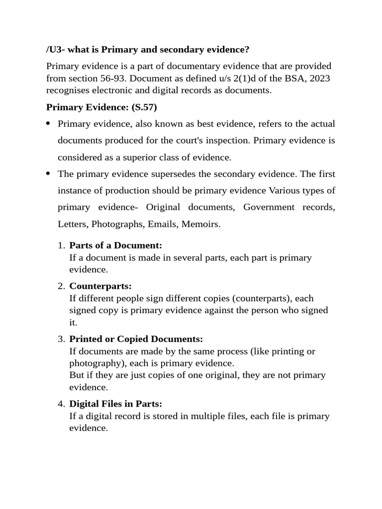U3- Primary and Secondary Evidence and Admissibility of Secondary ...