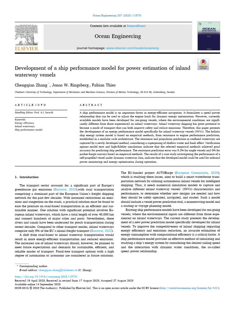 Development of A Ship Performance Model For Power Estimation of Inland ...