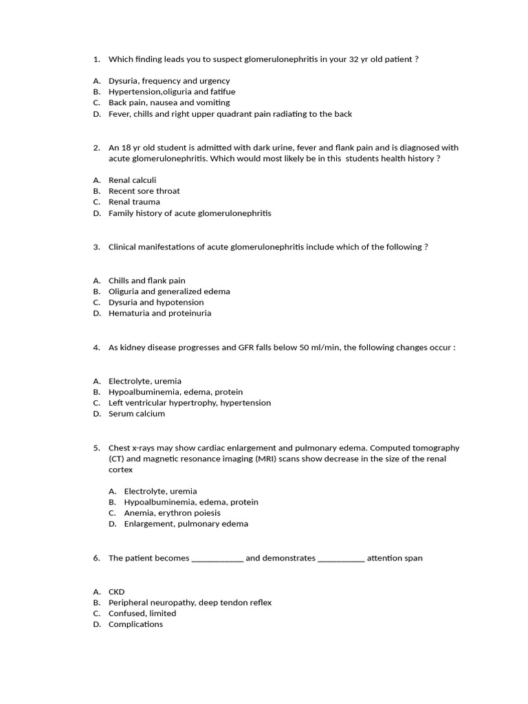 Diseases of Kidney Quiz | PDF | Urinary Tract Infection | Chronic ...