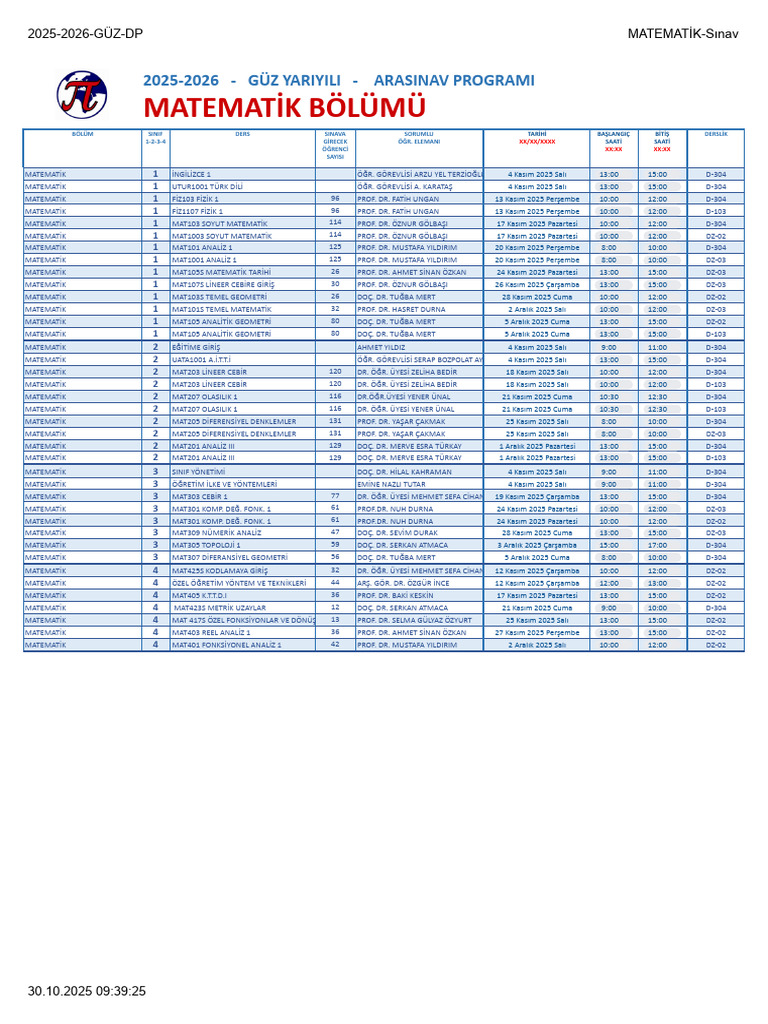 2025-2026-Güz Dönemi̇ Ara Sinav Programi | PDF