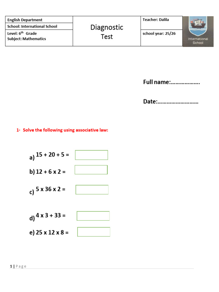 Diagnostic Test Math Grade 6 2025 | PDF