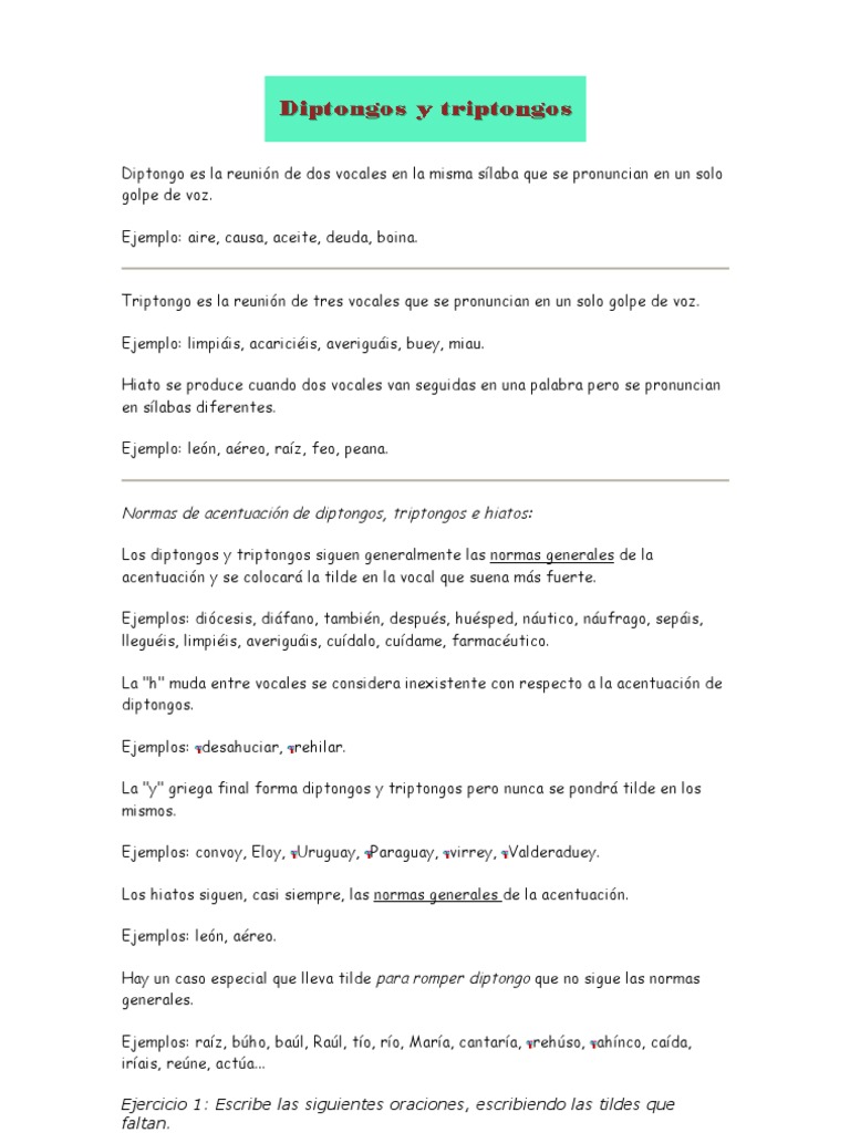 Diptongos, triptongos y hiatos en español | PDF | Vocal | Filología