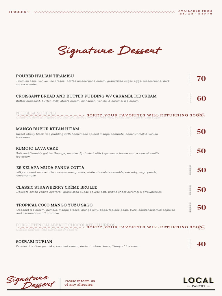 Signature Desserts and Bakery Menu | PDF | Desserts | Cheesecake