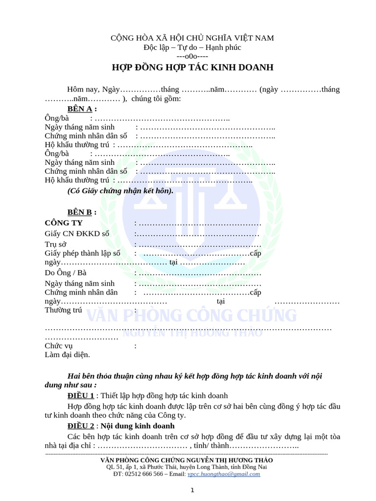 Hop Dong Hop Tac Kinh Doanh | PDF