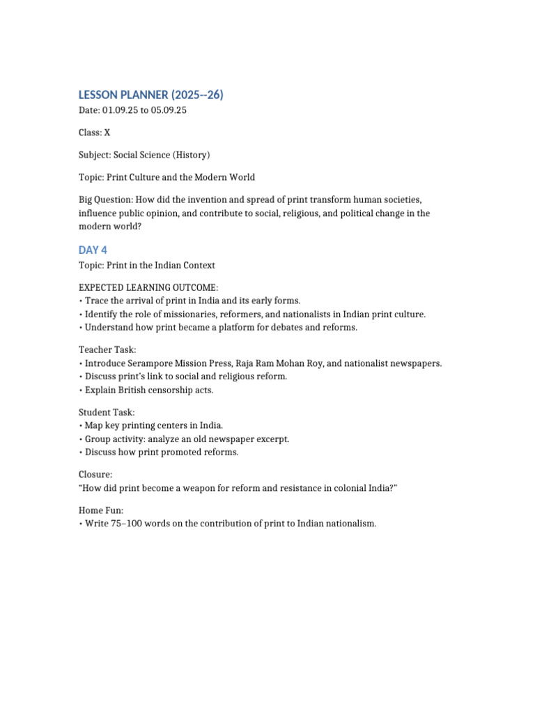 Lesson Plan Print Culture Day4 | PDF
