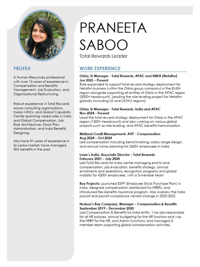 Resume Praneeta Saboo Total Rewards | PDF | Business | Employment