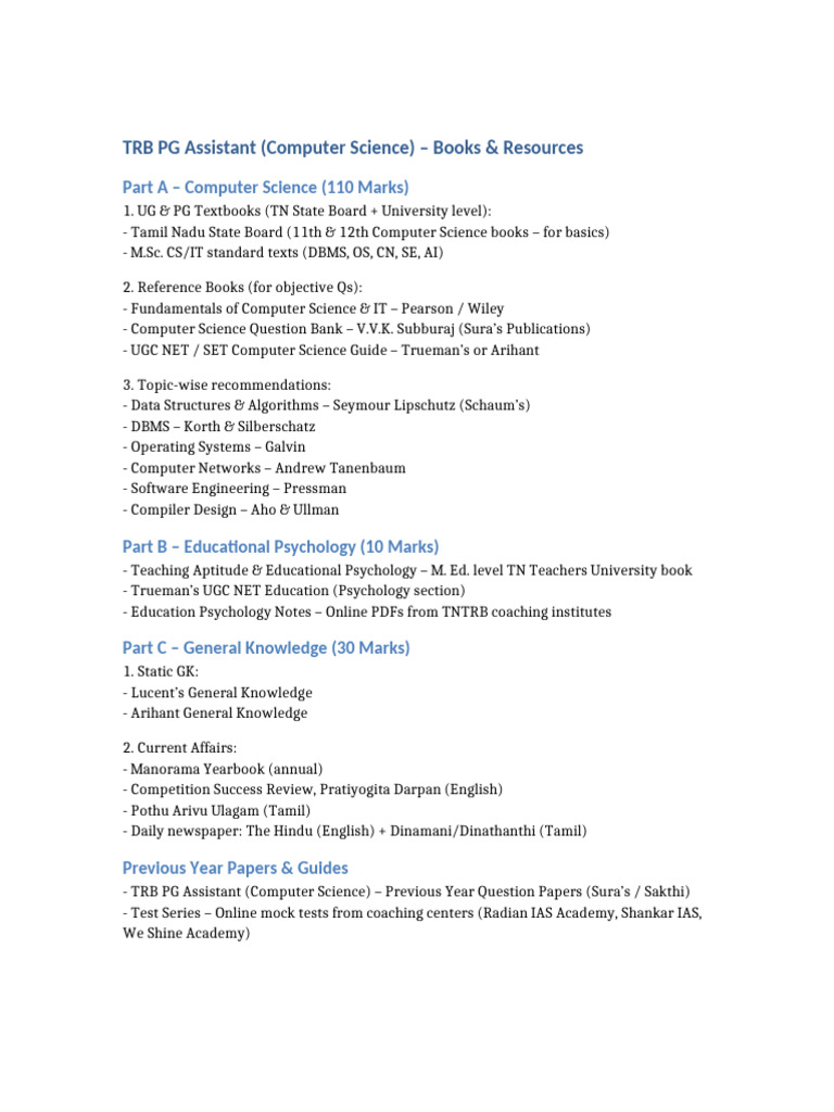 TRB PG Assistant CS Books Resources | PDF
