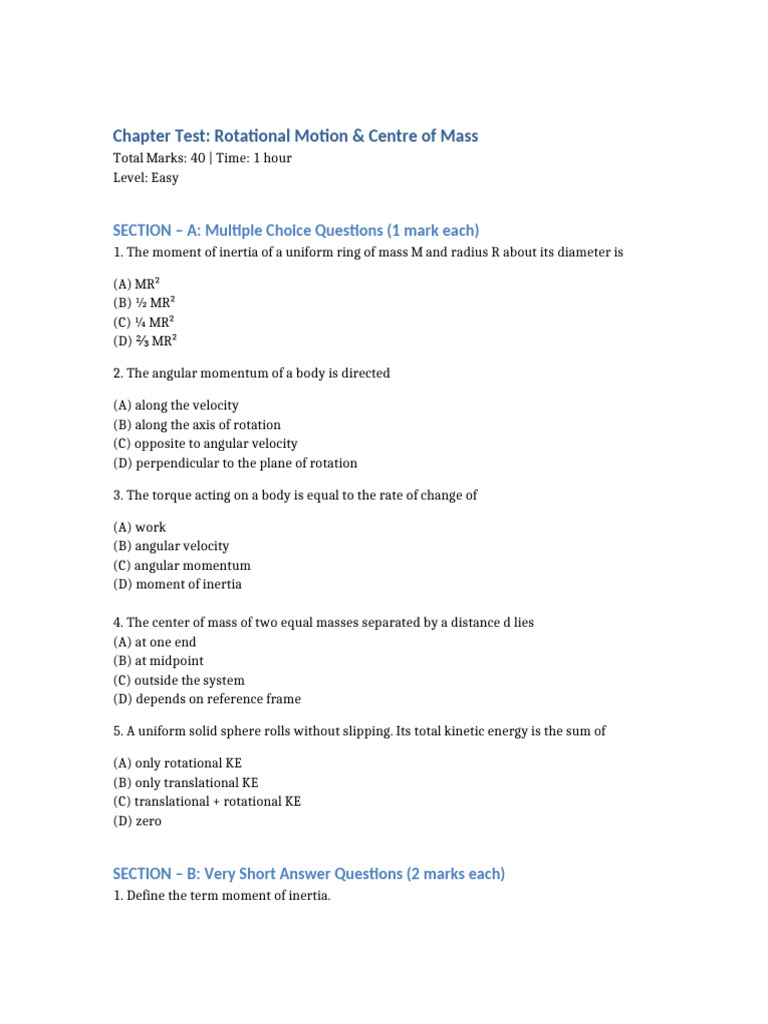 Rotational Motion & Centre of Mass Test | PDF | Angular Momentum ...
