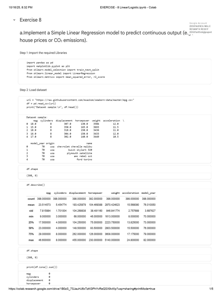EXERCISE - 8 Linear_Logistic.ipynb - Colab | PDF | Mean Squared Error | Logistic Regression