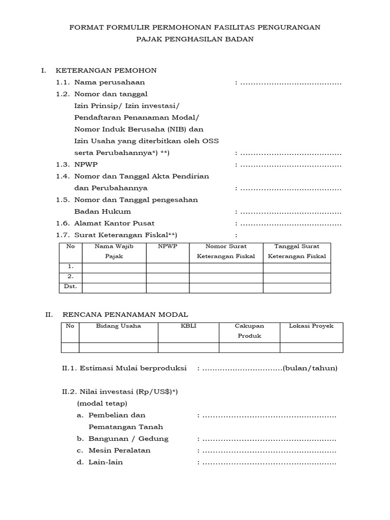 (PPH) Format Formulir Permohonan Fasilitas Pengurangan Pajak Penghasilan Badan (PDF) | PDF