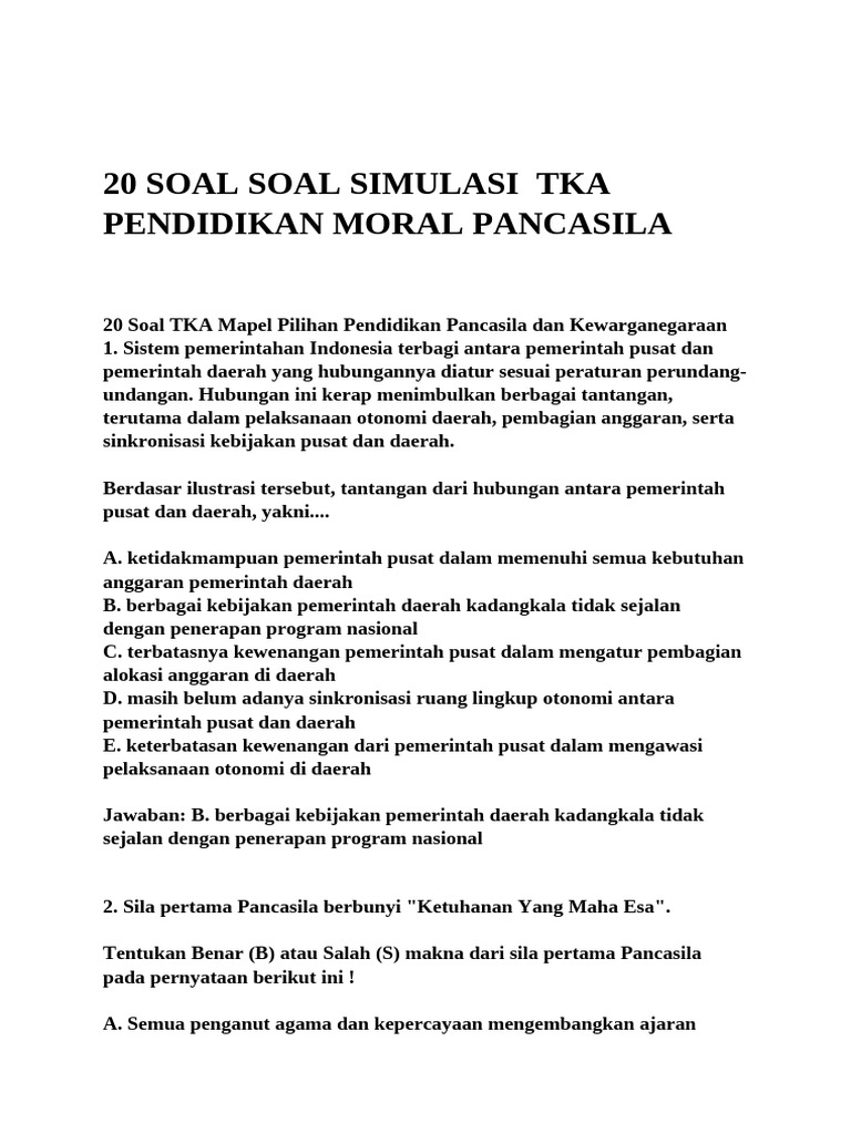 20 Soal Soal Simulasi Tka Pendidikan Moral Pancasila | PDF