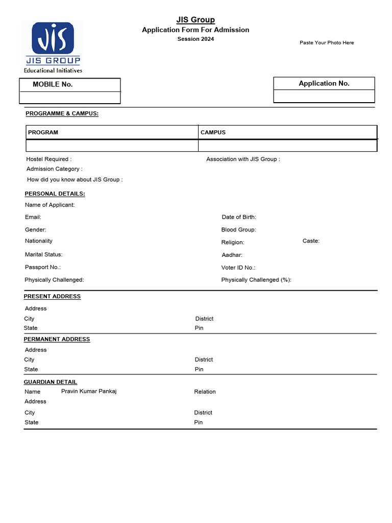 JIS Group Admission Form 2024 | PDF