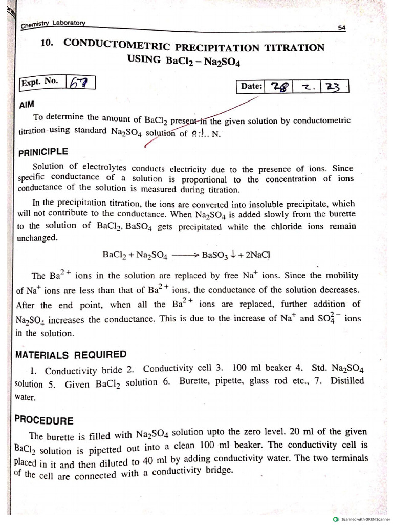 Ex - No - 6 (Conductometric Bacl2 Vs Na2so4) | PDF
