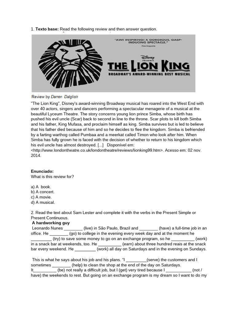 Lion King Musical Review and Exercises | PDF