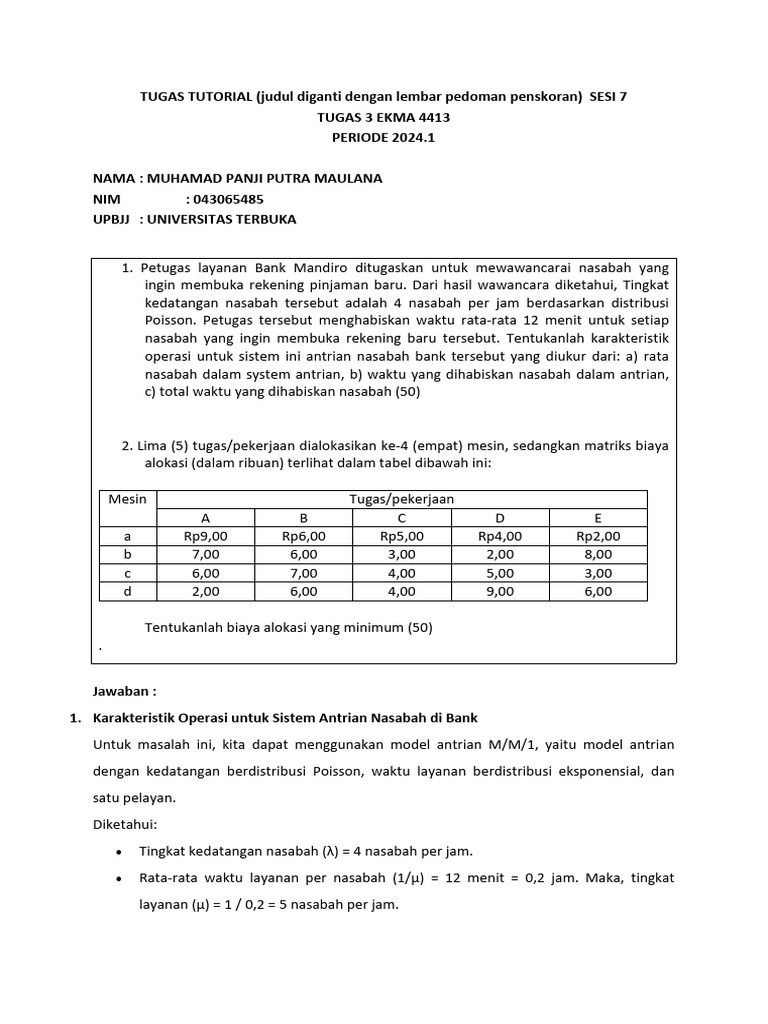 Tugas Tutorial 3 Ekma4413 Riset Operasi 043065485 | PDF