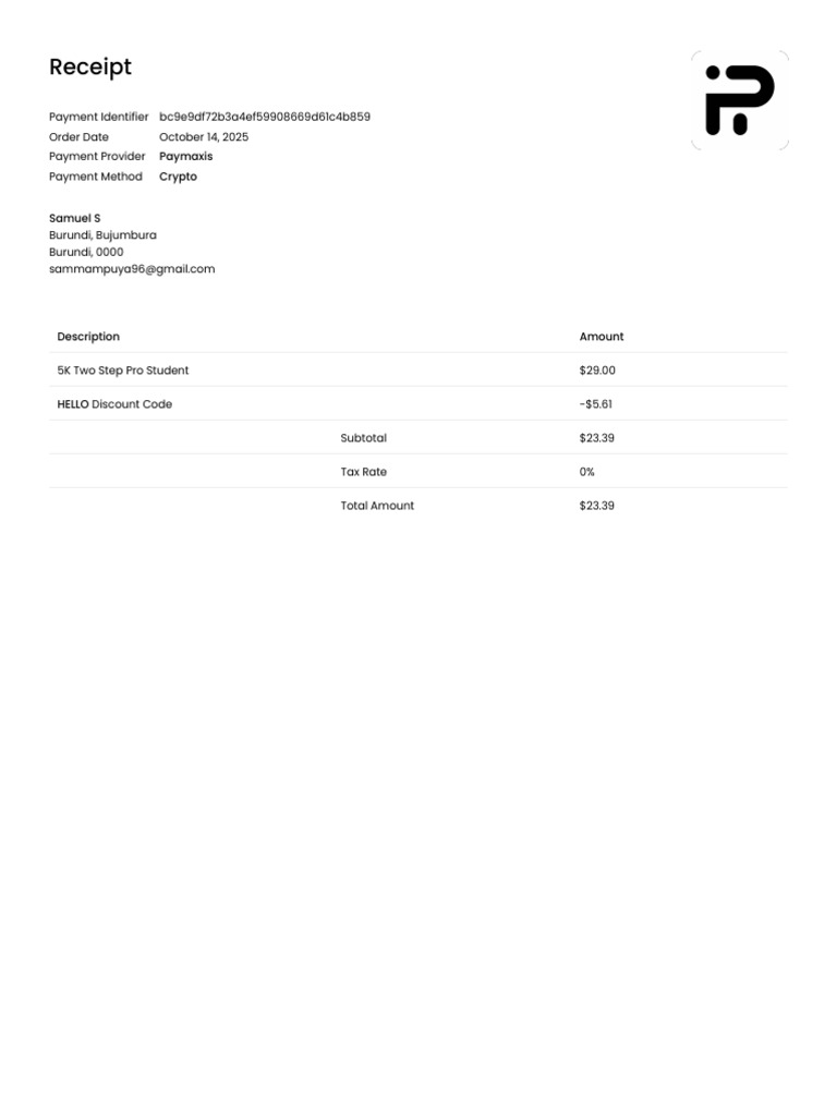 Crypto Payment Receipt for 5K Course | PDF