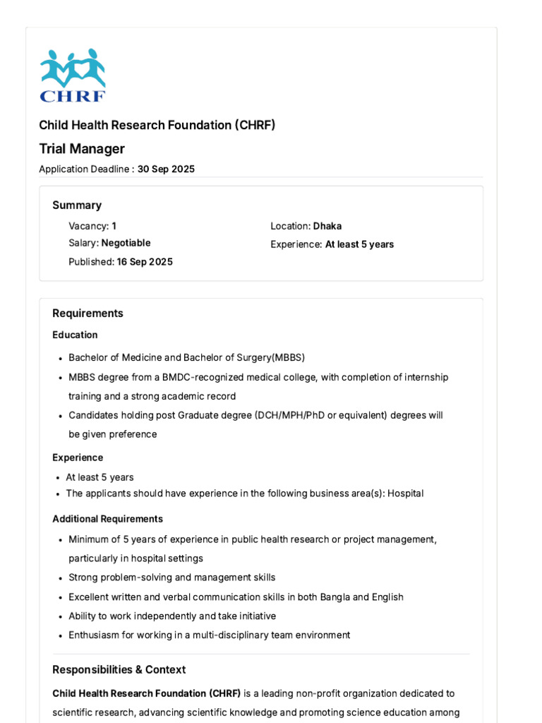 Trial Manager - Child Health Research Foundation (CHRF) | PDF | Medical ...