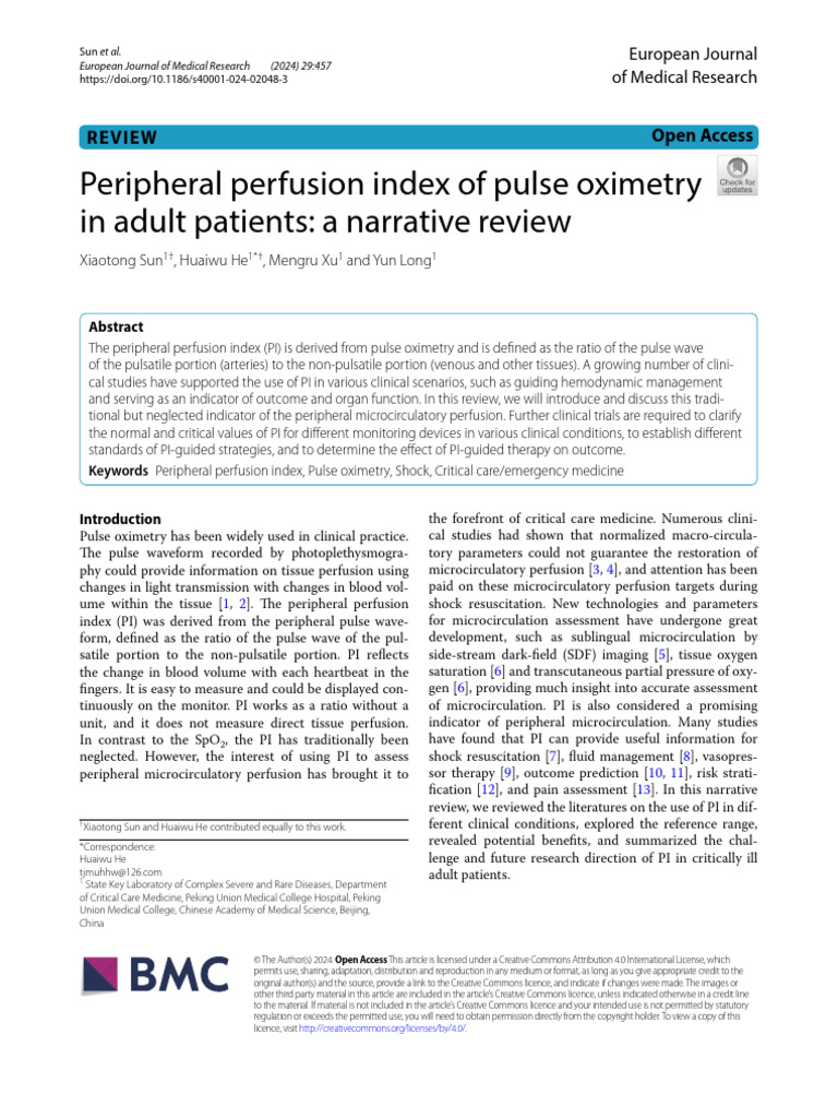 Peripheral Perfusion Index in Adults | PDF | Shock (Circulatory ...