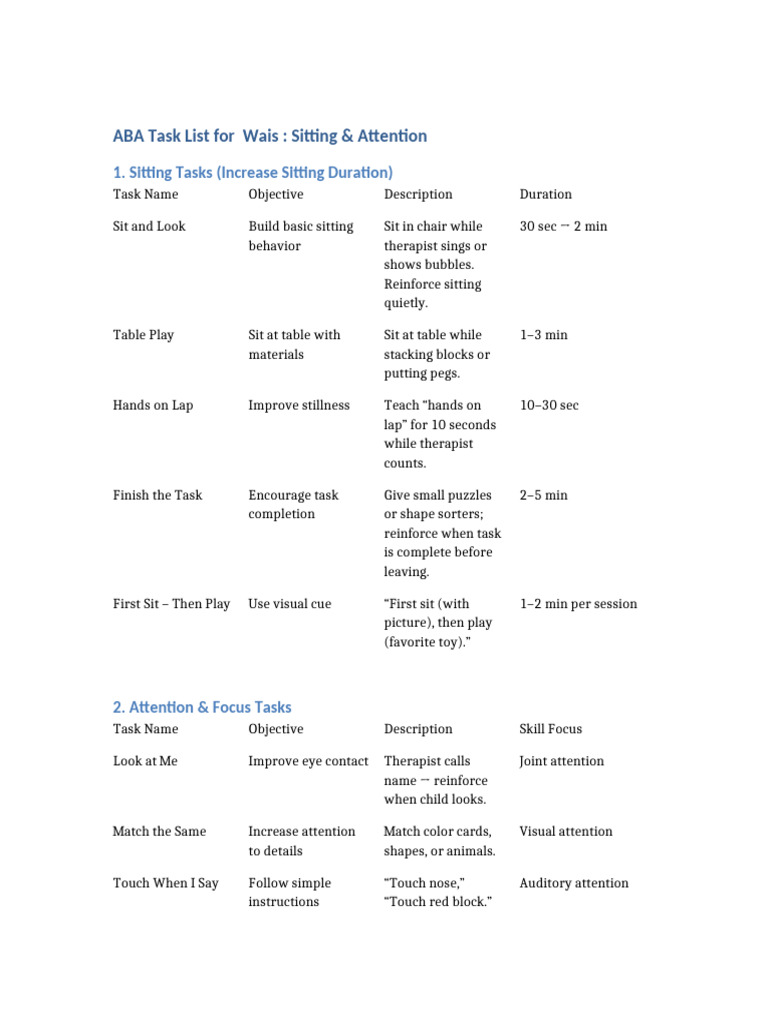 ABA Tasks for Sitting & Attention Skills | PDF | Psychological Concepts ...