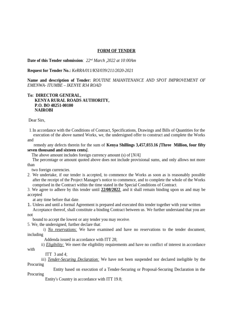 Form of Tender Reamic | PDF