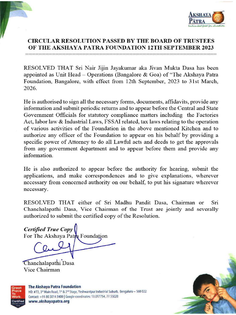 Resolution - Authorising Sri Jivan Mukta Dasa | PDF