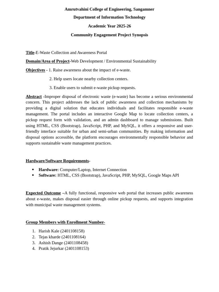 E-Waste Awareness Portal Project 2025-26 | PDF