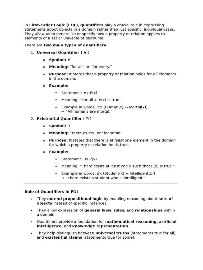 Describe The Role of Quantifiers in First-Order Logic. | PDF