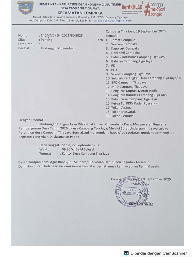 Undangan Musrenbang Campang Tiga Jaya | PDF