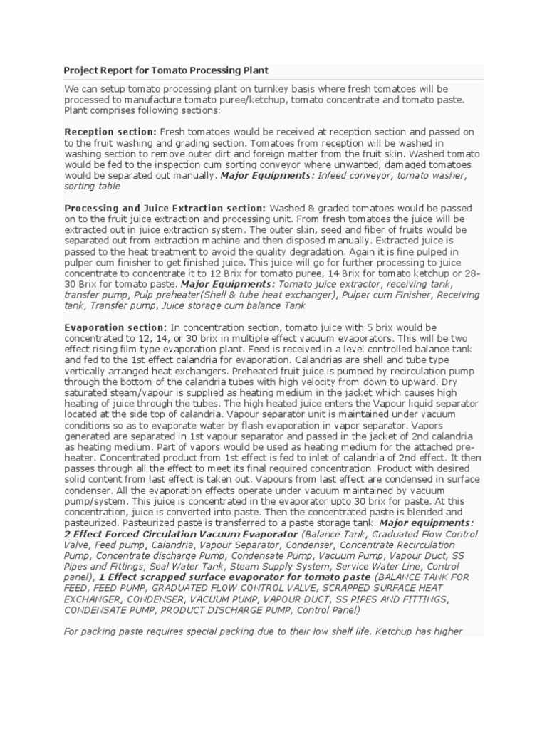 Project Report For Tomato Processing Plant | PDF | Pump | Energy Technology