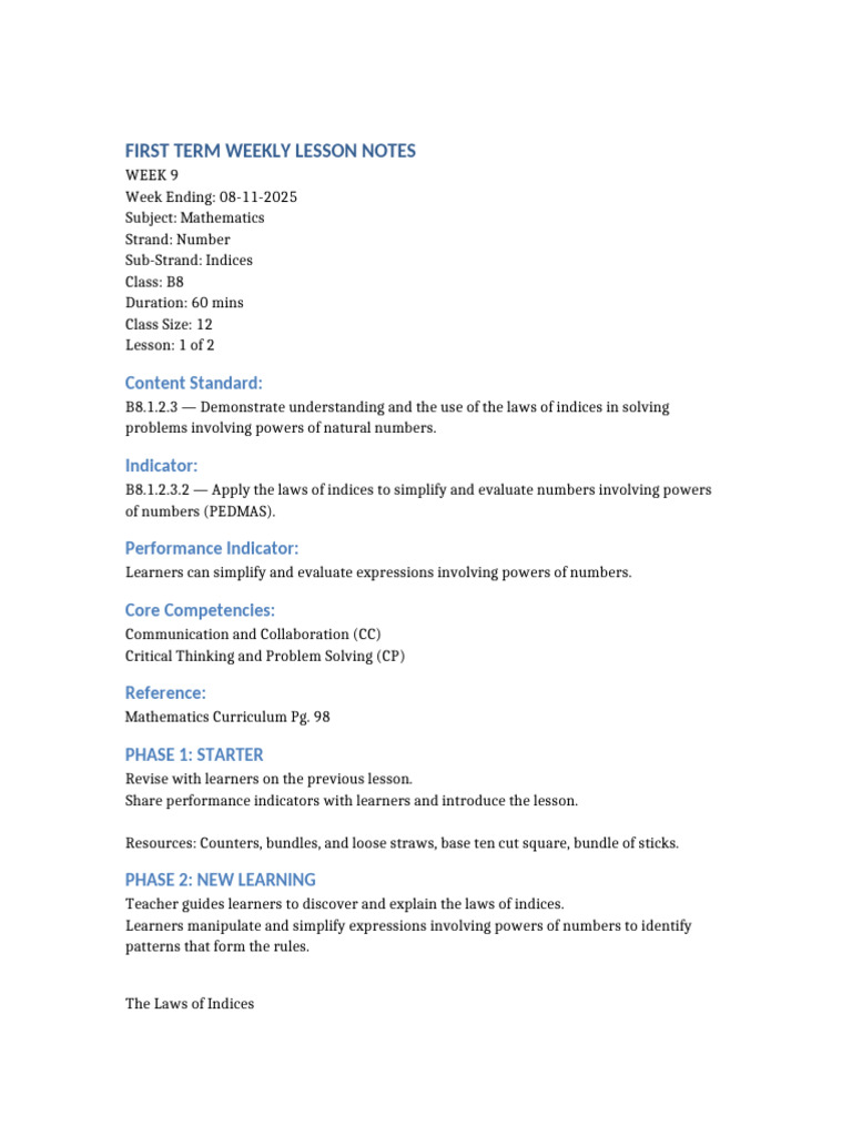 B8 Mathematics: Laws of Indices Lesson | PDF | Curriculum | Behavior Modification