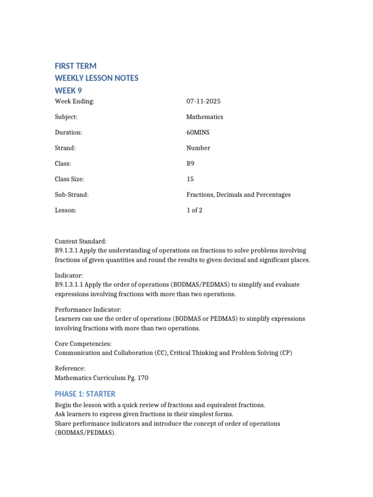 B9 Mathematics BODMAS Fractions LessonPlan Week9 60mins | PDF ...