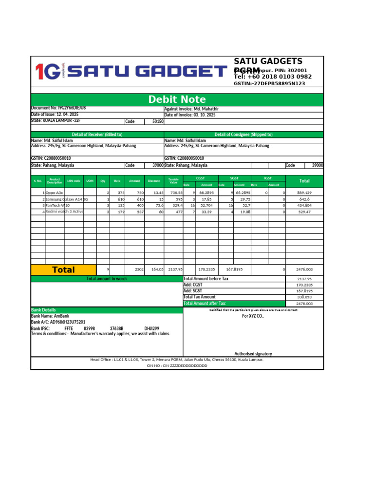 66a0e085b3a5b0b113fcbe05 GST Debit Note Format in Excel | PDF ...