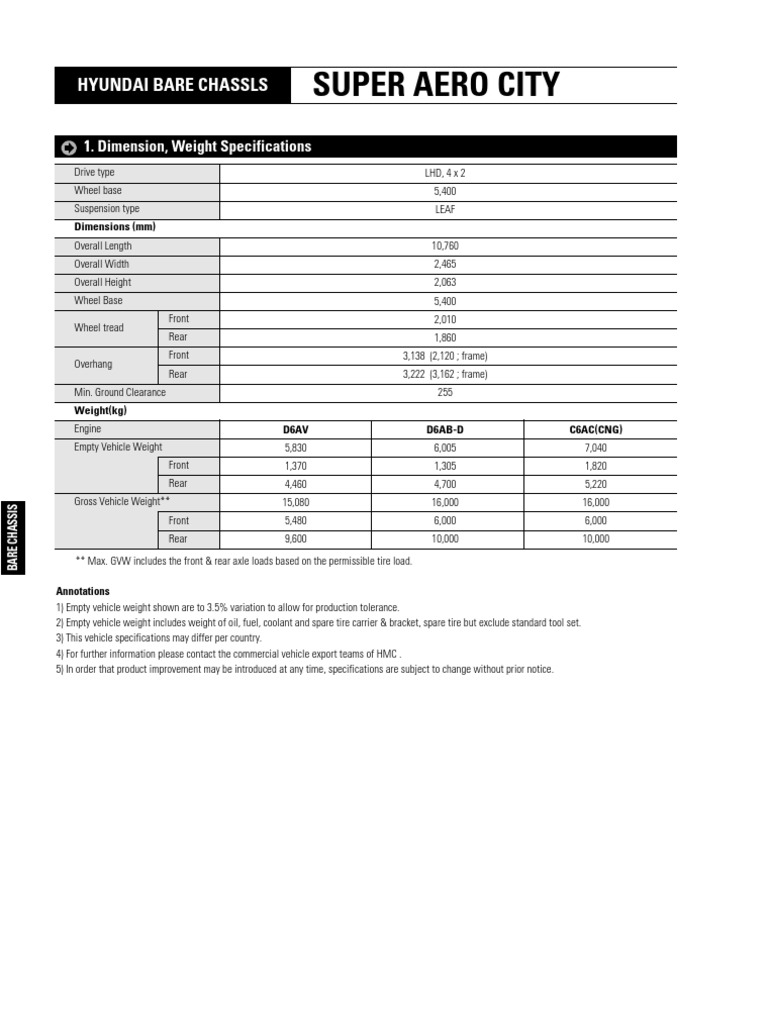 Hyundai Super Aero City Chassis Specs | PDF | Switch | Transmission ...