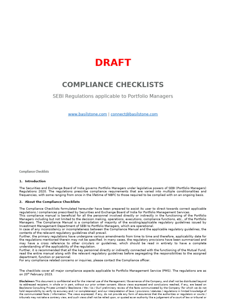 SEBI Compliance Checklist for Portfolio Managers | PDF | Securities ...