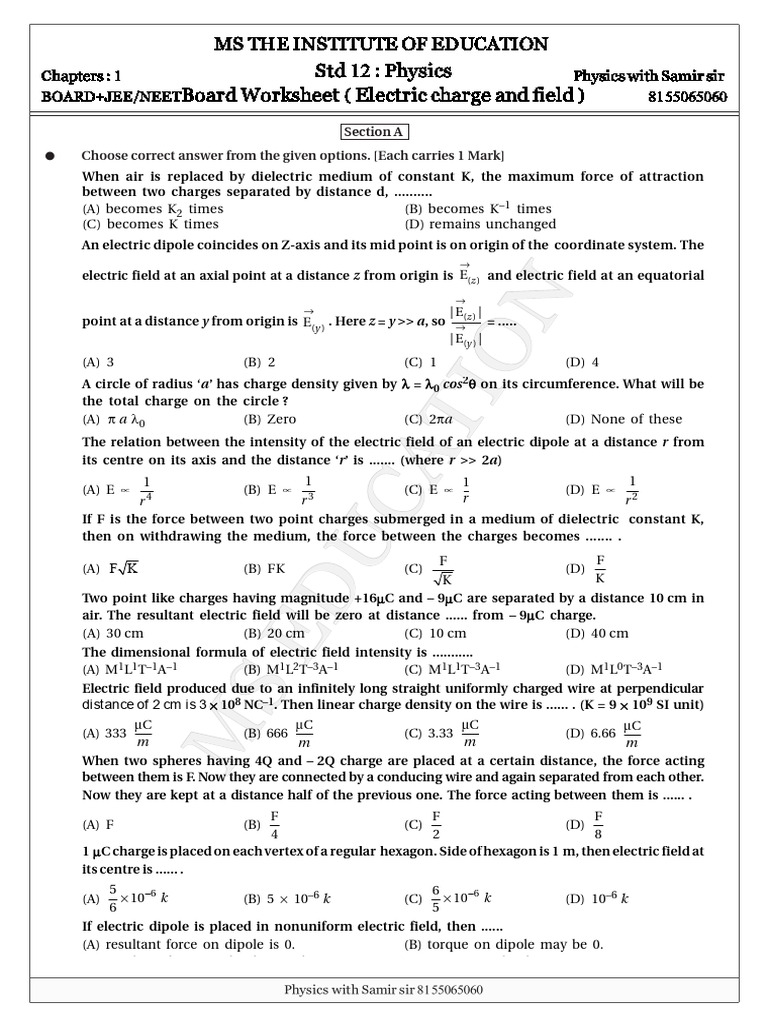 GSEB Worksheet (Electric charge and field) | PDF | Electric Field | Sphere