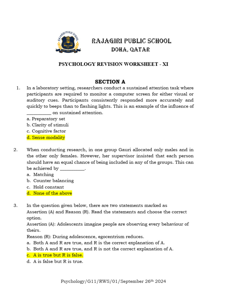 Psychology Revision Worksheet - 1 Ans Key | PDF | Perception | Psychology
