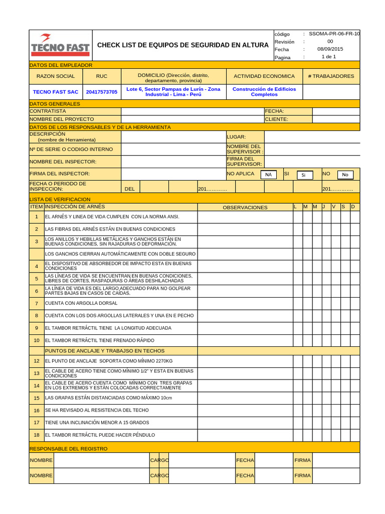 SSOMA-PR-06-FR-10 Check List Equipos de Seguridad en Altura | PDF