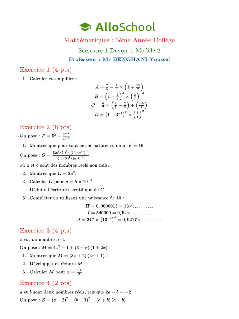 Math 3ac Semestre 1 Devoir 1 Modele 2 1 | PDF