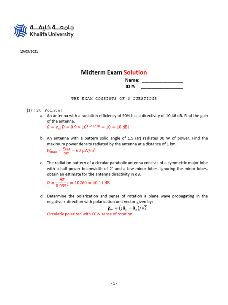 MidExam Sol | PDF | Antenna (Radio) | Telecommunications Engineering