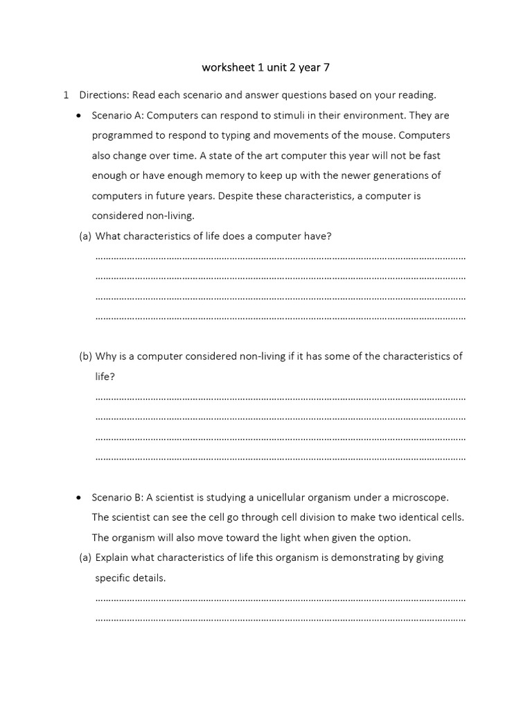Year 7 Biology Worksheet: Life Characteristics | PDF | Organisms | Life