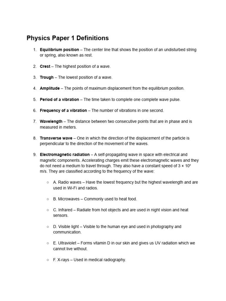 Physics Definitions: Key Concepts Explained | PDF | Waves | Electric Charge